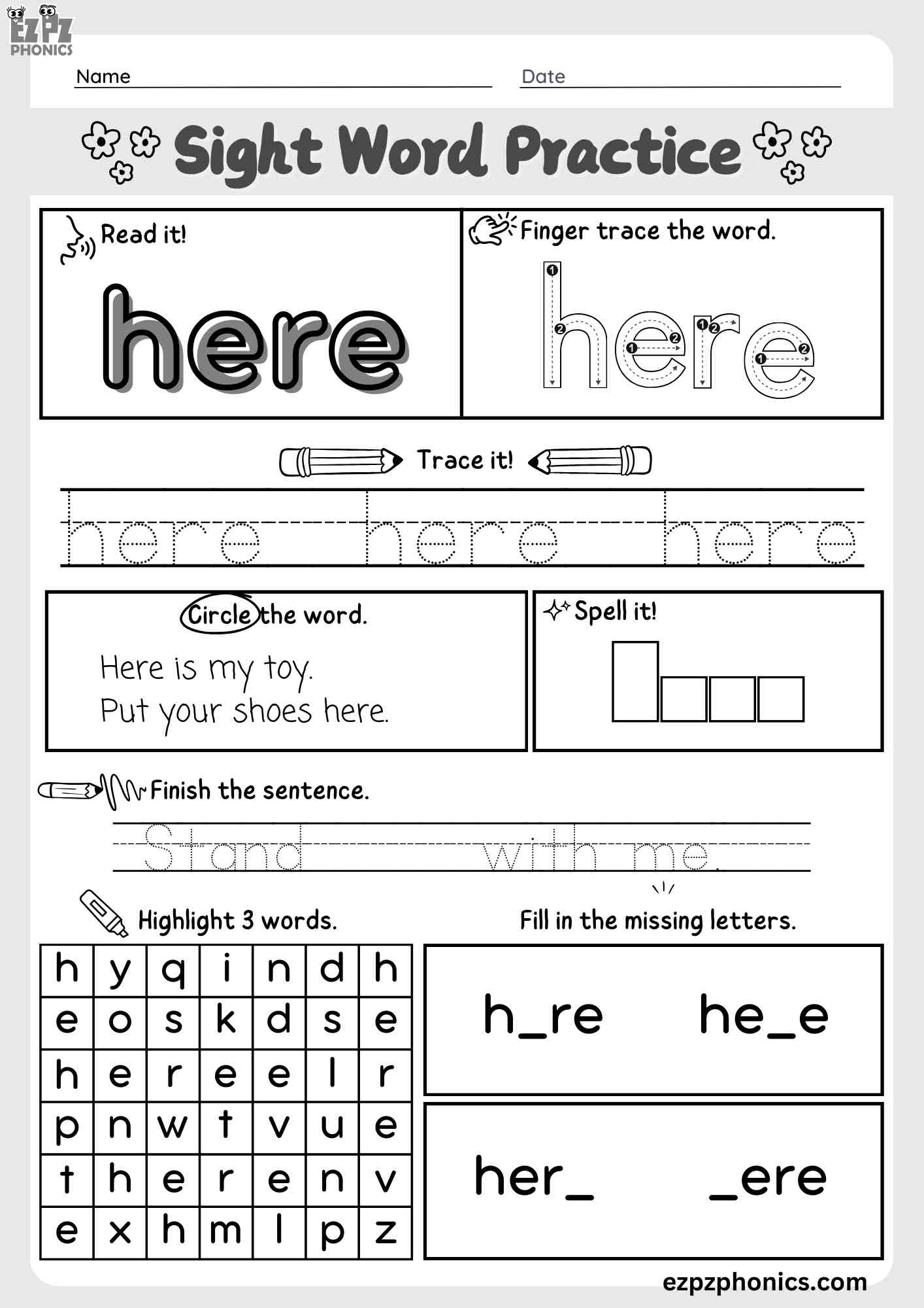 The Word "Here" Dolch Sight Word Worksheet Activity for Pre-Kindergarten and Kindergarten ...